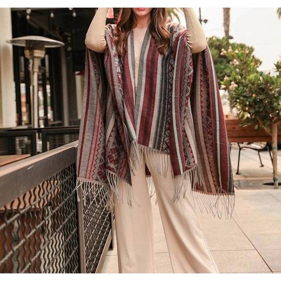 LETO | Sweaters | New Leto Britta Striped Quatrefoil Ruana In Burgundy ...